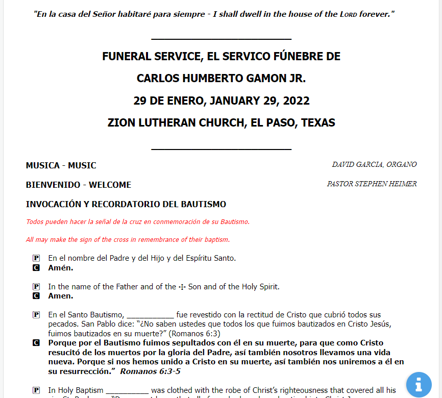 2022-01-29 Carlos Gamon Funeral Bulletin Thumbnail - Zion Lutheran Church